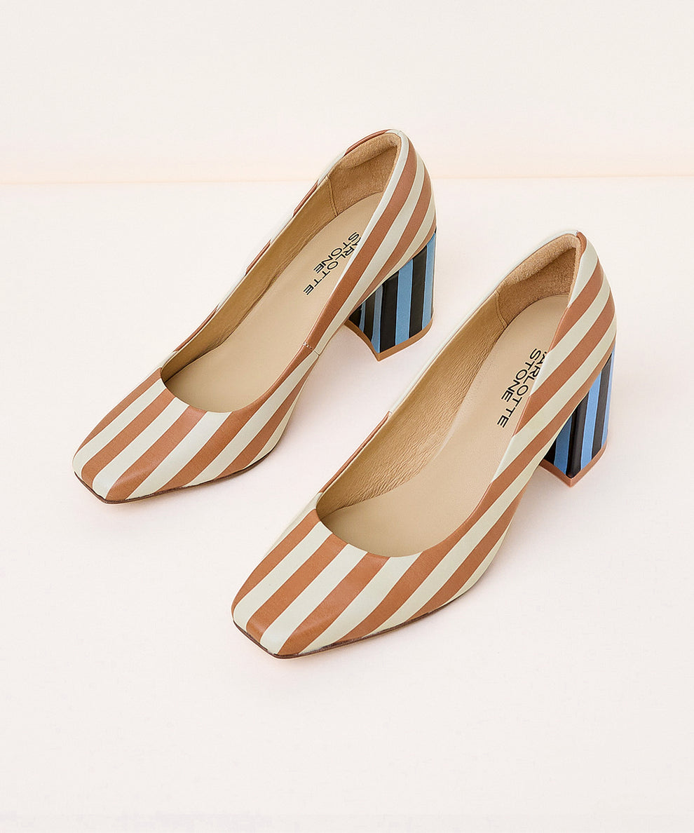 Estee Colorful Block Heel Pump, Camel Oat Stripe – Charlotte Stone